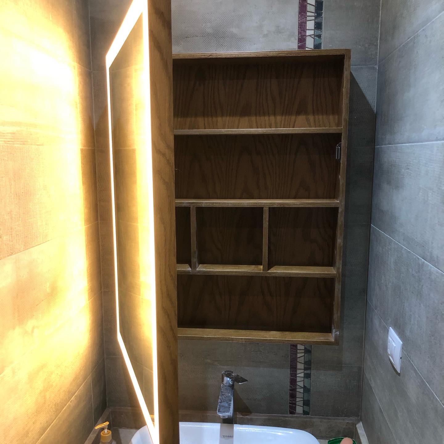 Peria LED Bathroom Mirror with Natural Wood Storage | Multifunctional ...