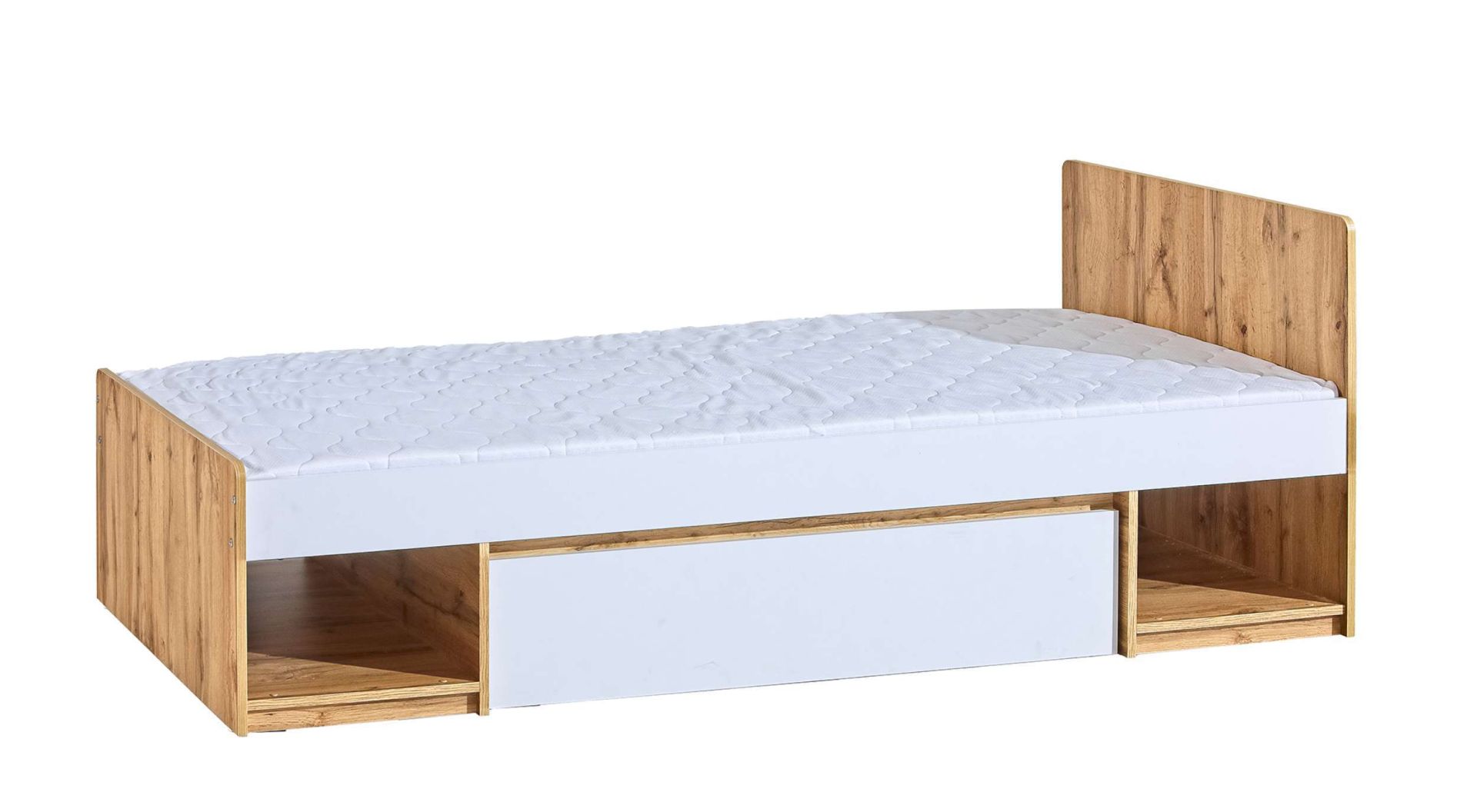 Nova – Natural Wood Single Bed with Storage Shelves and Bottom Drawer ...